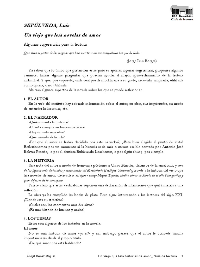 Un Viejo Que Leía Novelas de Amor Guía de Lectura PDF | PDF | Novelas ...