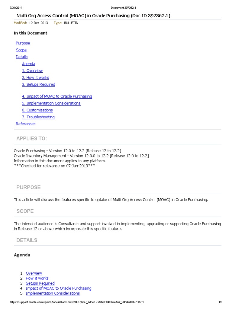 Multi Org Access Control (MOAC) in Oracle Purchasing (Doc ID 397362 - 1) | PDF | Oracle Database ...