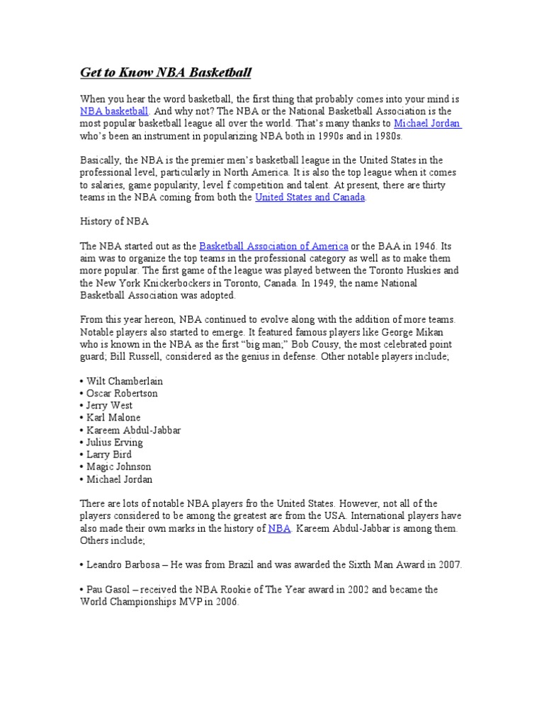 Get To Know NBA Basketball | PDF | National Basketball Association ...