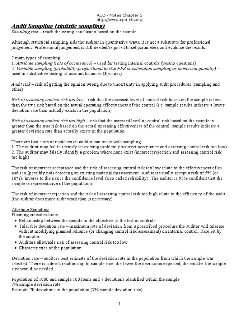 Audit Sampling (Statistic Sampling) : AUD - Notes Chapter 5 | PDF