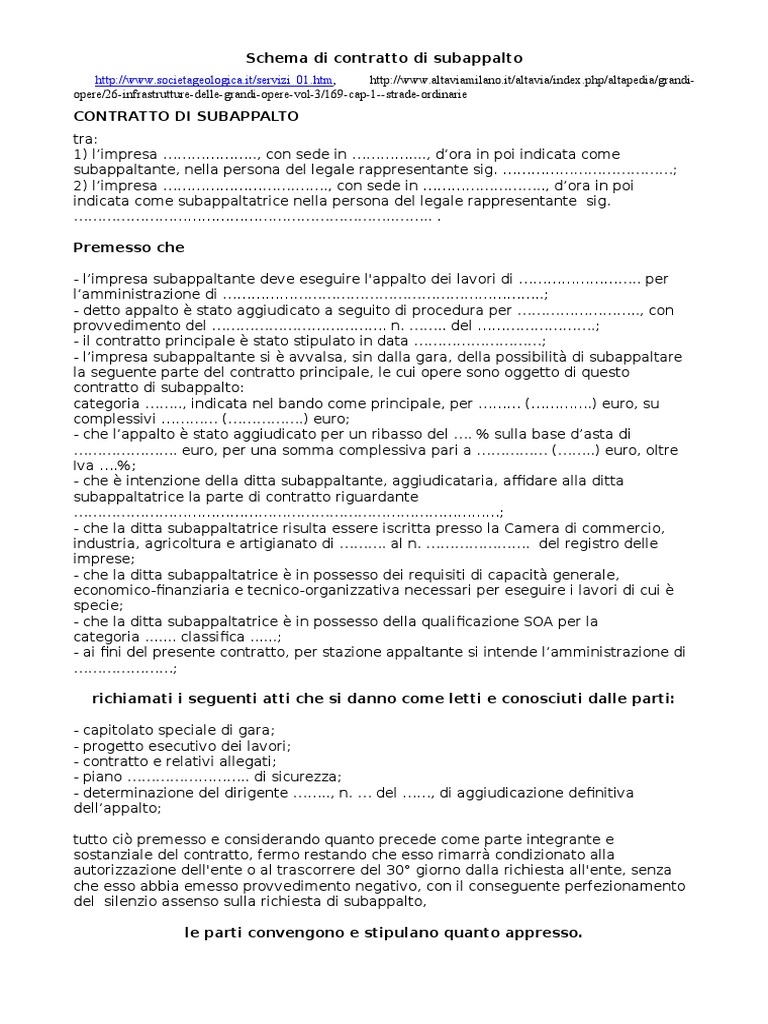 Schema Di Contratto Di Subappalto UAPI | PDF