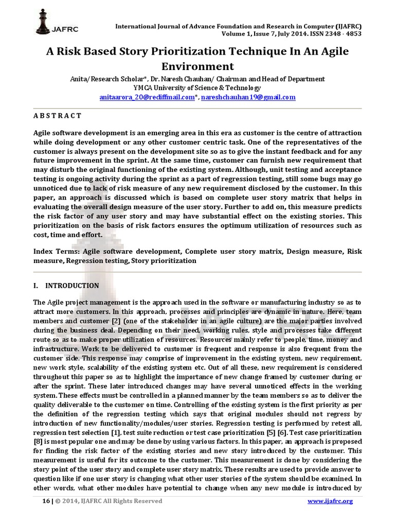 A Risk Based Story Prioritization Technique in An Agile Environment ...