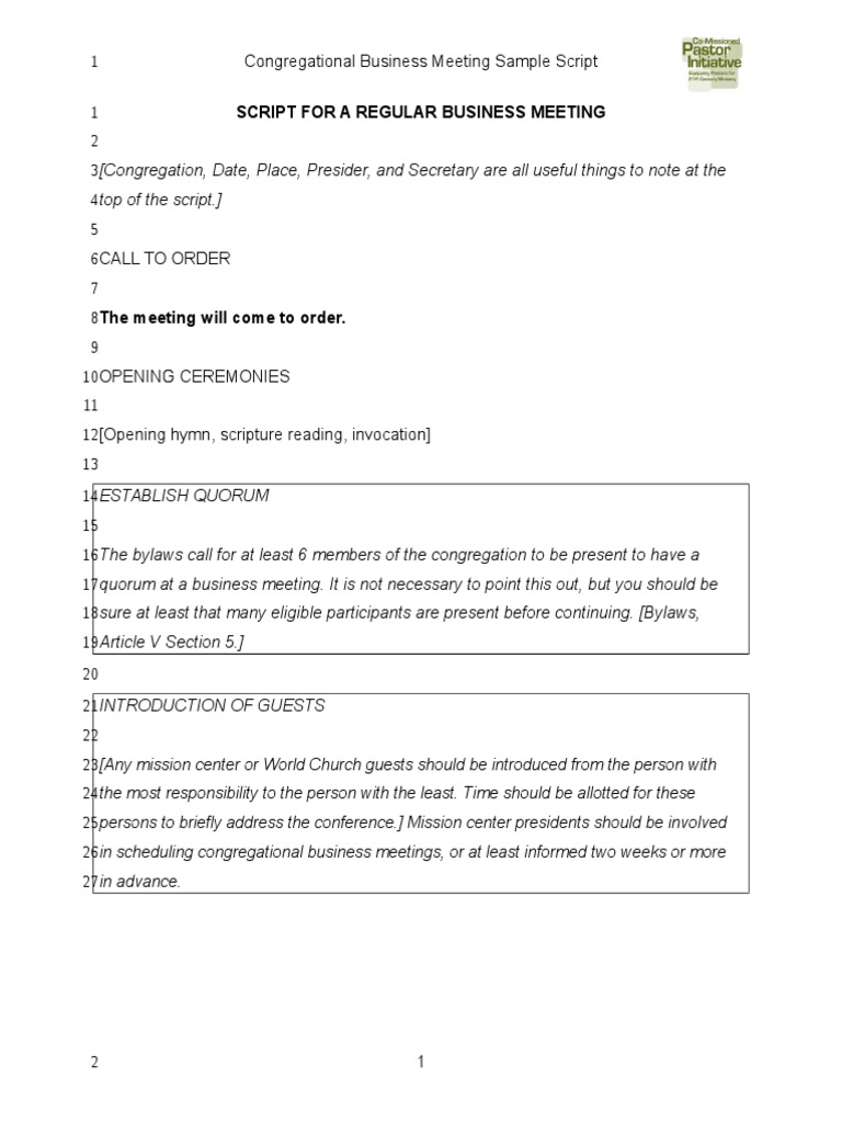 Church Business Meeting Script Guide | PDF | Christian Organizations ...