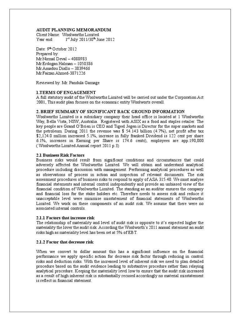 Audit Planning Memorandum Final | Audit | Business Economics