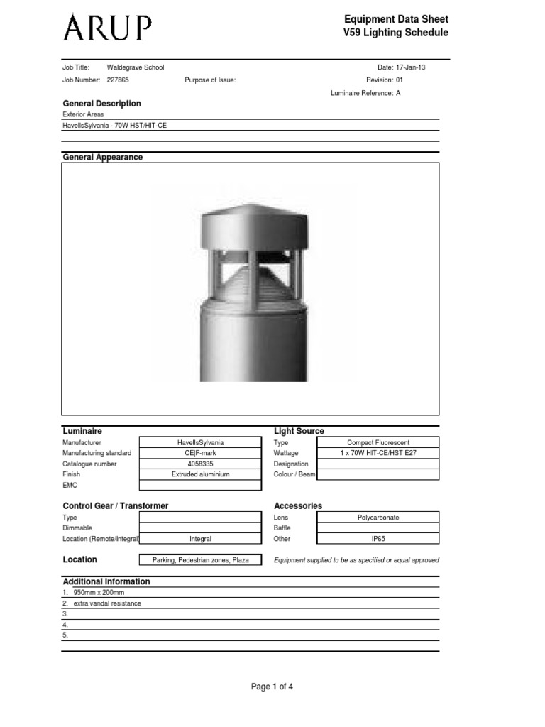 General Description: Equipment Data Sheet V59 Lighting Schedule | PDF
