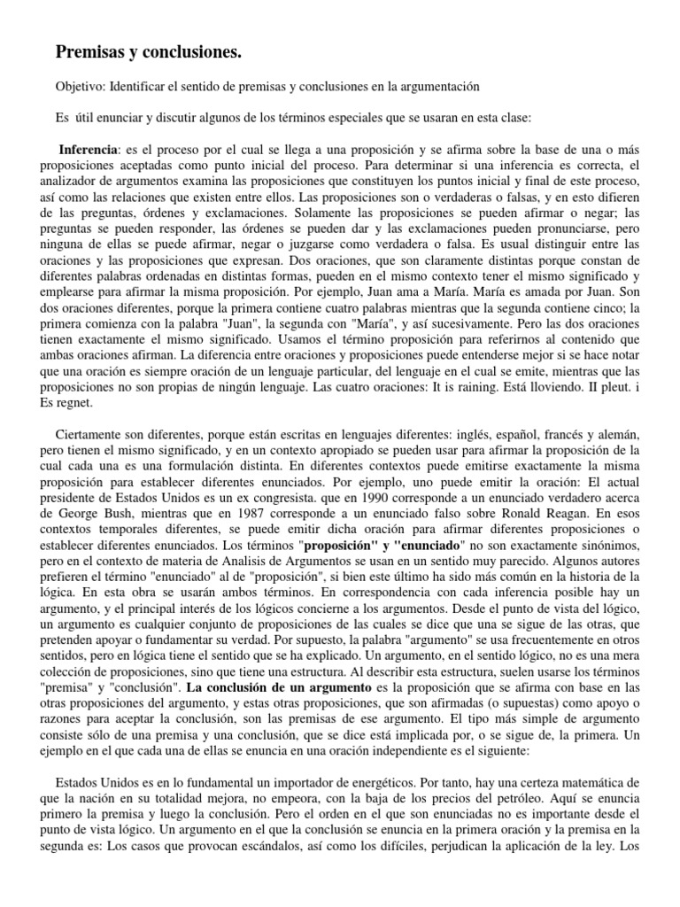 Premisas y Conclusiones | PDF | Argumento | Proposición