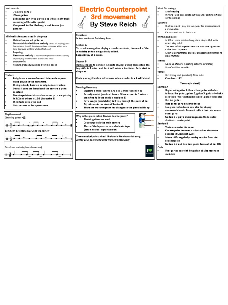 GCSE MUSIC Electric Counterpoint | PDF | Rhythm | Guitars