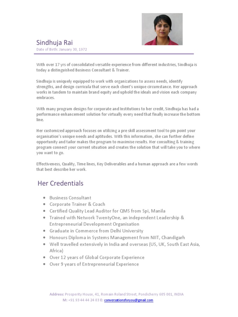 Sindhuja Rai: Date of Birth: January 30, 1972 | PDF | Business