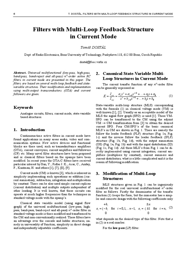 Filters With Multi-Loop Feedback Structure in Current Mode | PDF ...