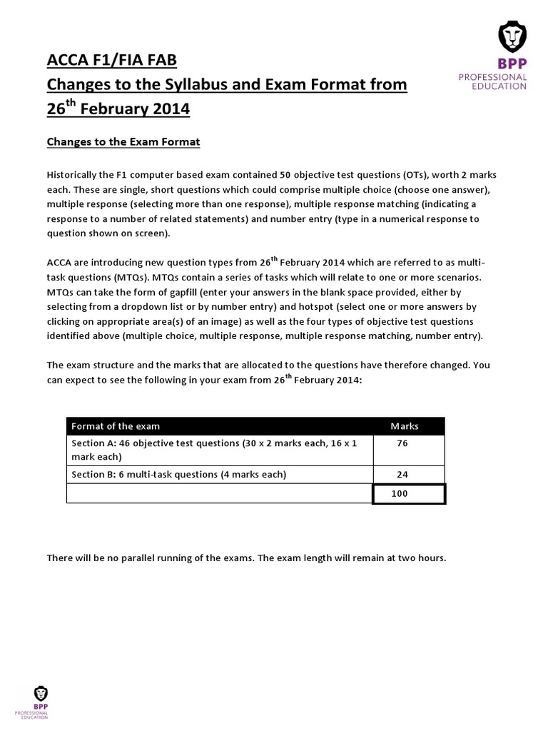 Acca F1/Fia Fab Changes To The Syllabus and Exam Format From 26 ...
