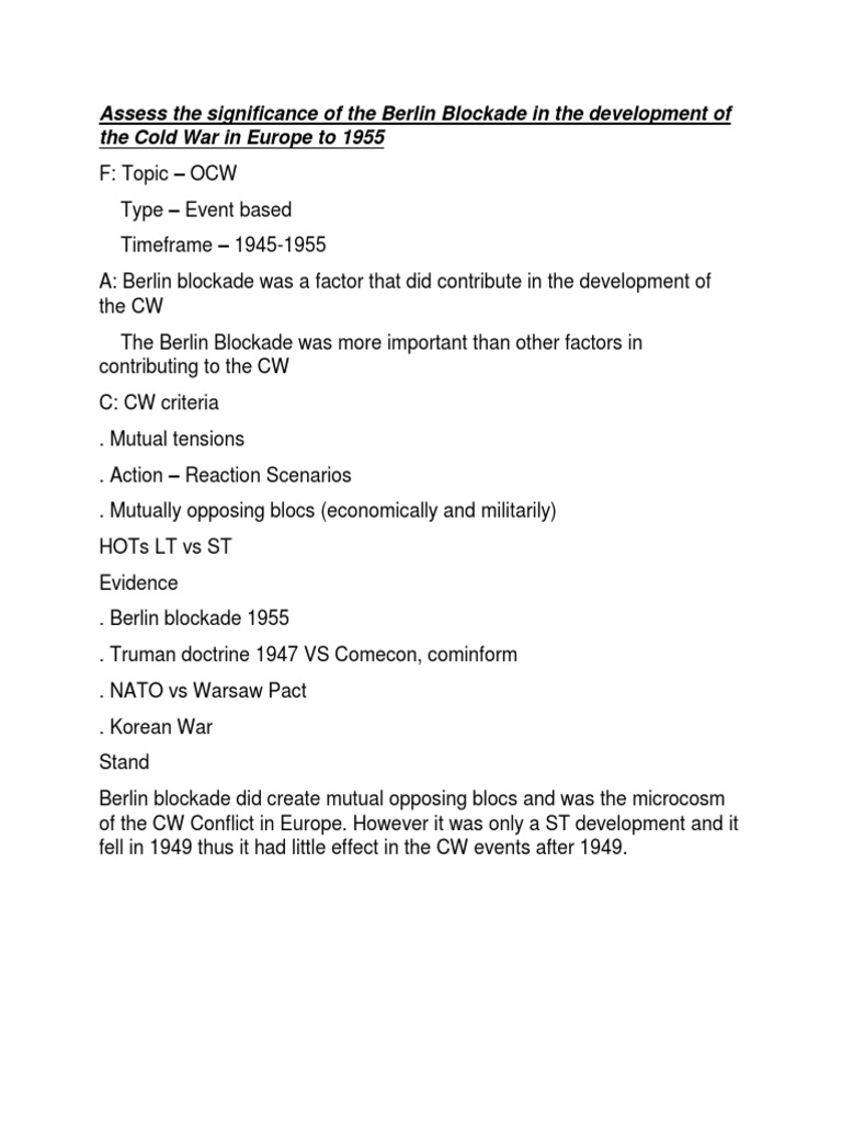 Assess The Significance of The Berlin Blockade in The Development of ...