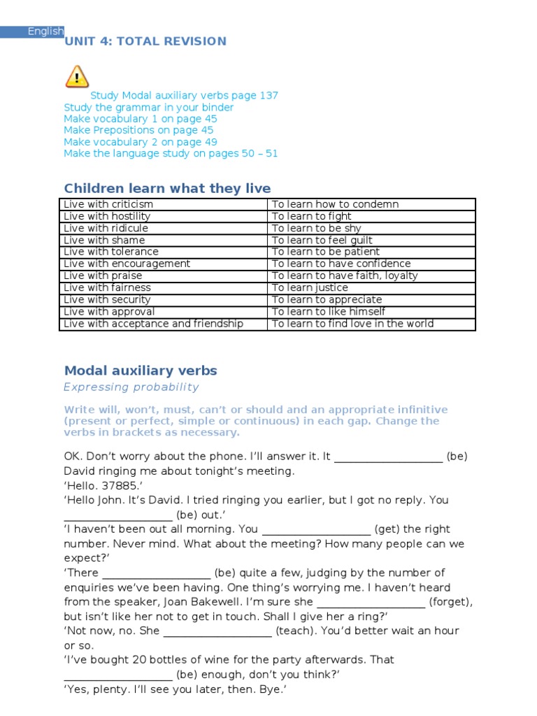 Unit 4 Total Revision | PDF | Verb | Syntax