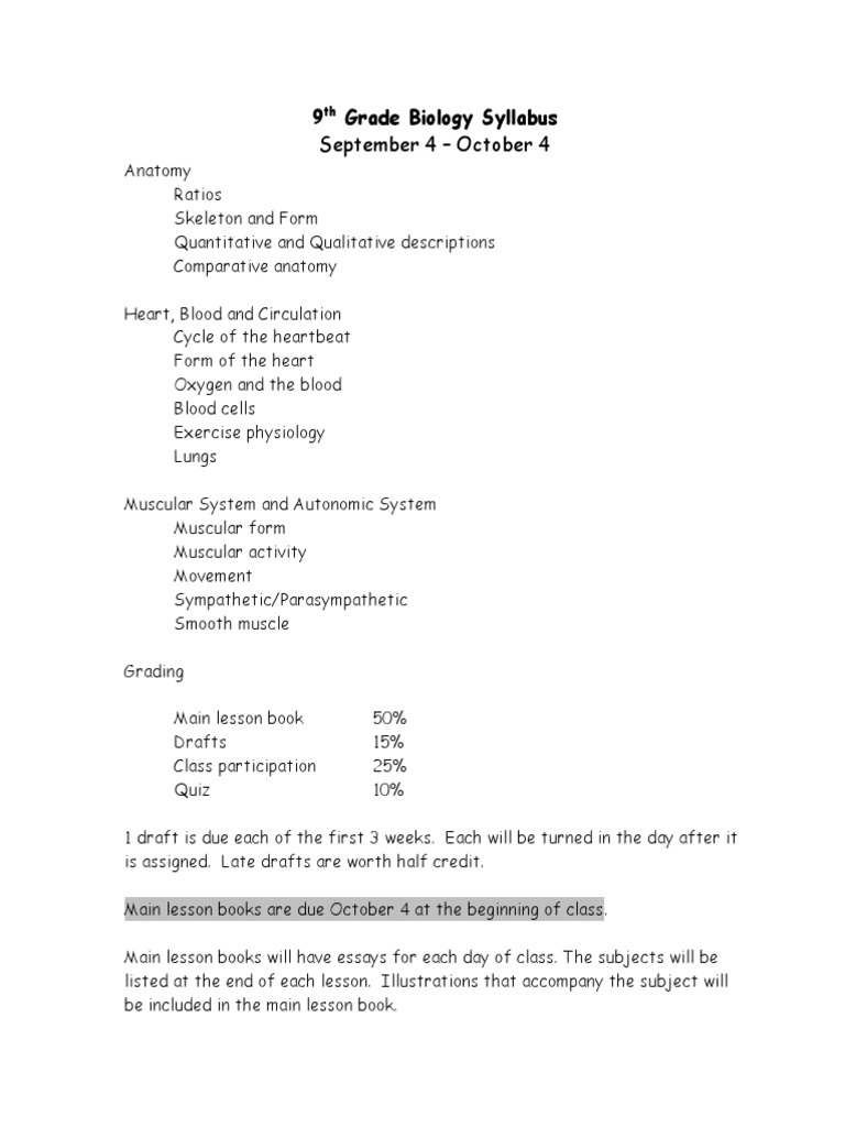 9th Grade Biology Syllabus | PDF