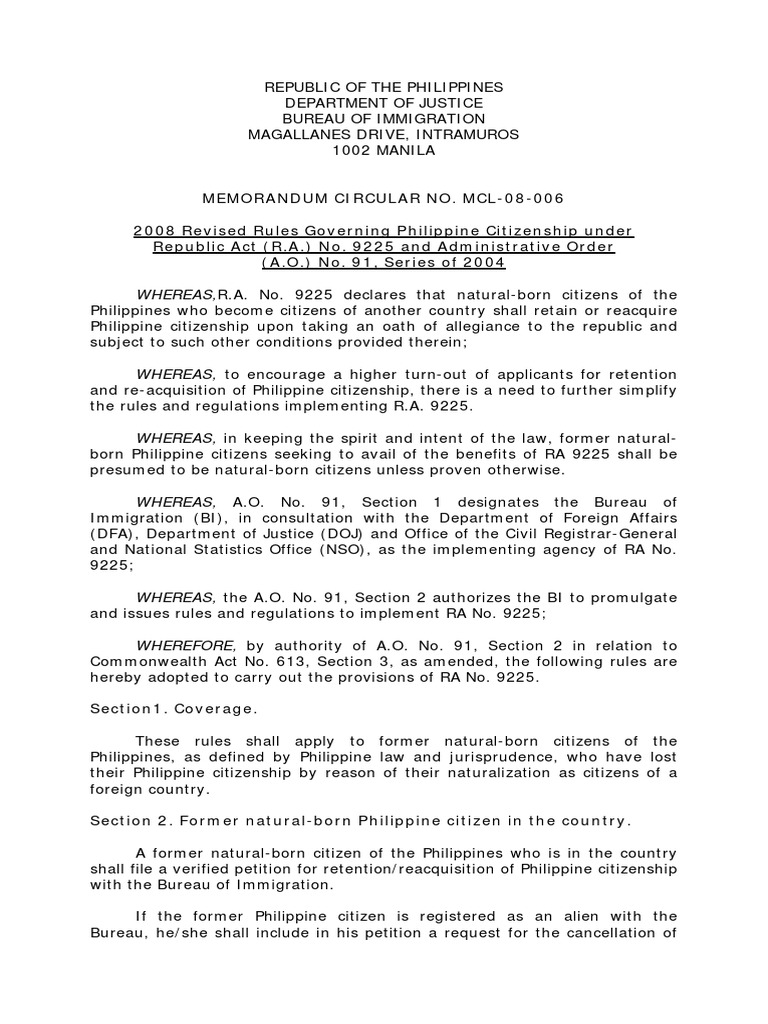 DOJ Mcl 08-006-Revised Rules Governing Philippine Citizenship Under ...
