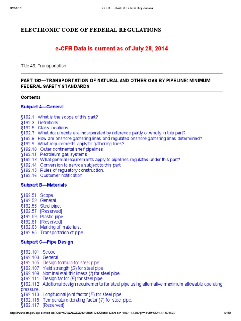 49 Code of Federal Regulations 192 | Pipeline Transport | Pipe (Fluid ...