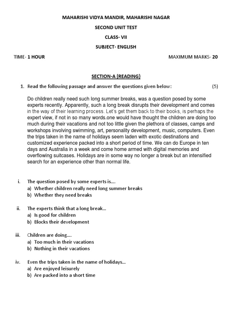Maharishi Vidya Mandir, Maharishi Nagar Second Unit Test Class-Vii ...