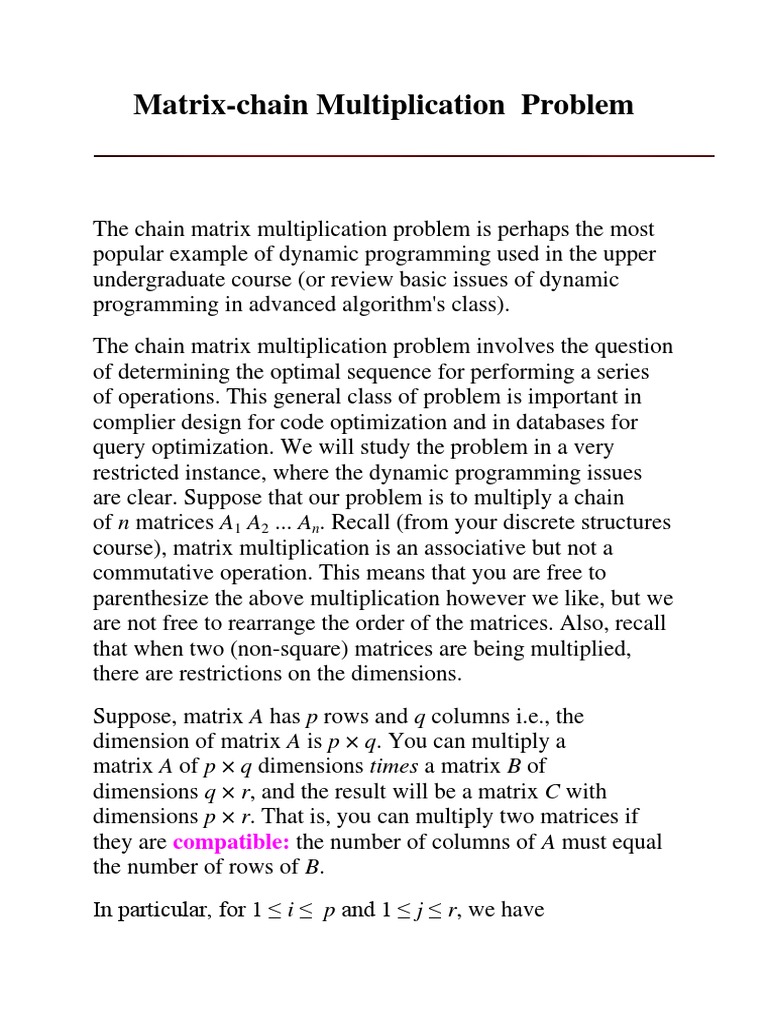 Matrix Chain Multiplication | PDF | Dynamic Programming | Matrix (Mathematics)