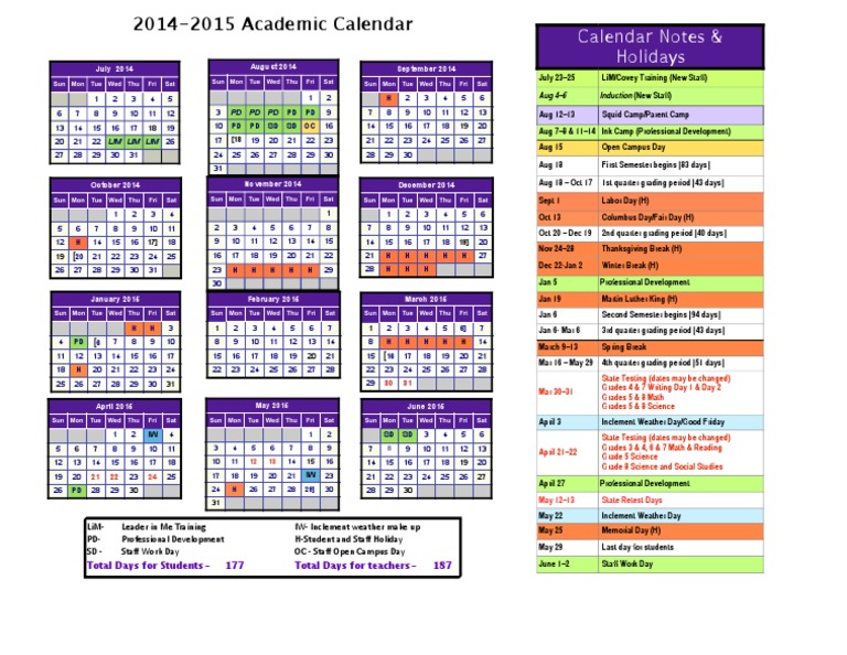 2014-2015 Academic Calendar Overview | PDF