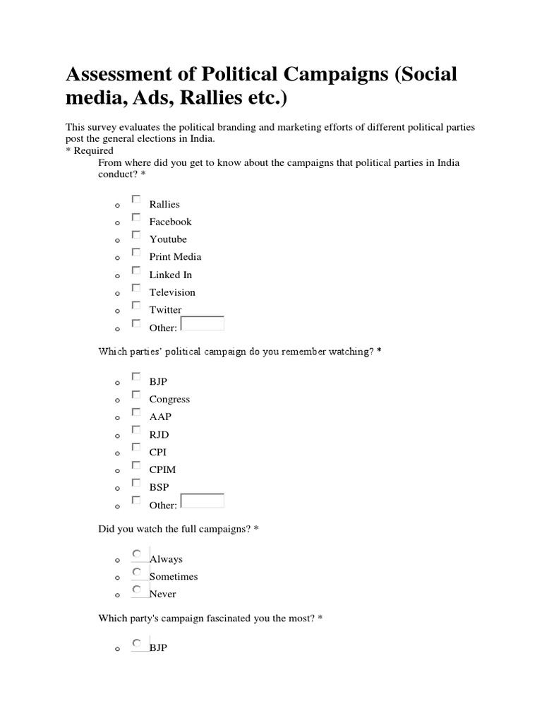 Assessment of Political Campaigns (Social Media, Ads, Rallies Etc ...