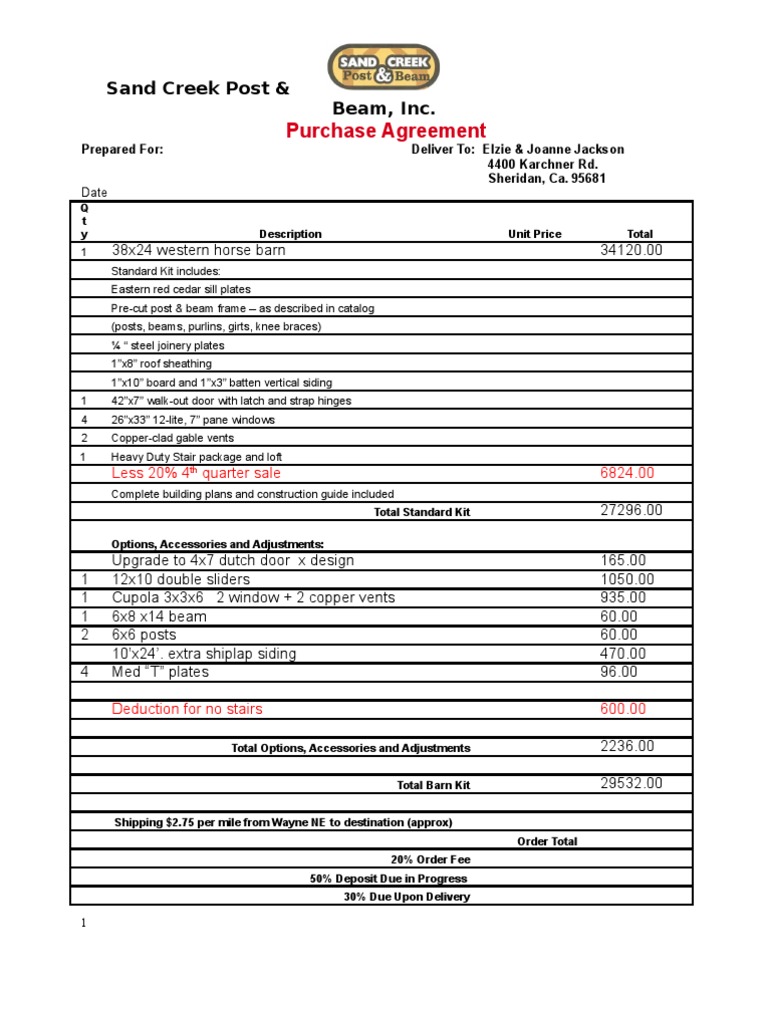 Sand Creek Horse Barn Purchase Agreement | PDF