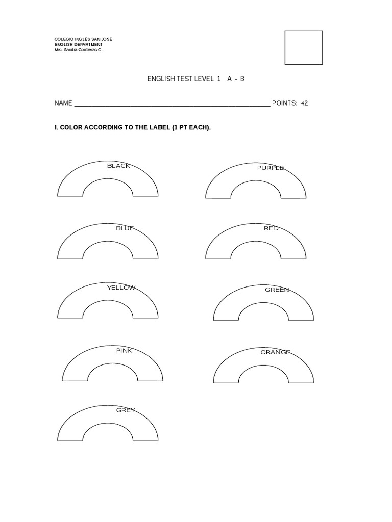 English Test Level 1 A - B: I. Color According To The Label (1 PT Each ...