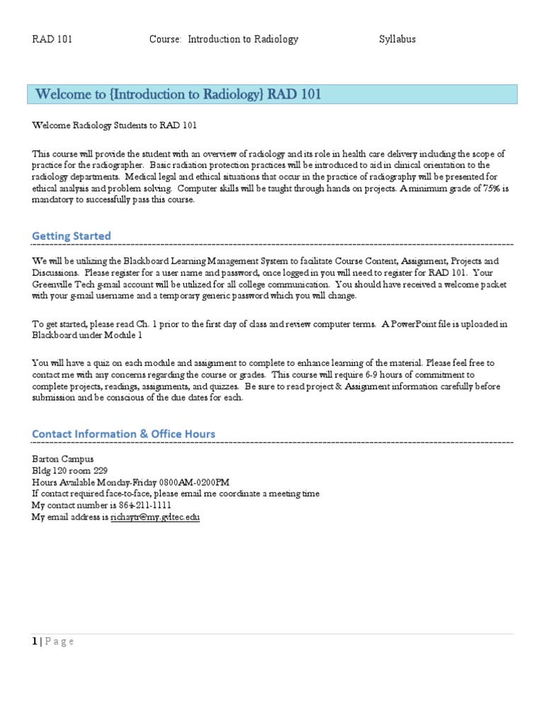 rad 101 syllabus | Radiology | Academic Dishonesty