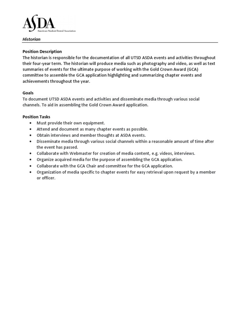 ASDA Historian Job Description | PDF | Profession | Behavior Modification