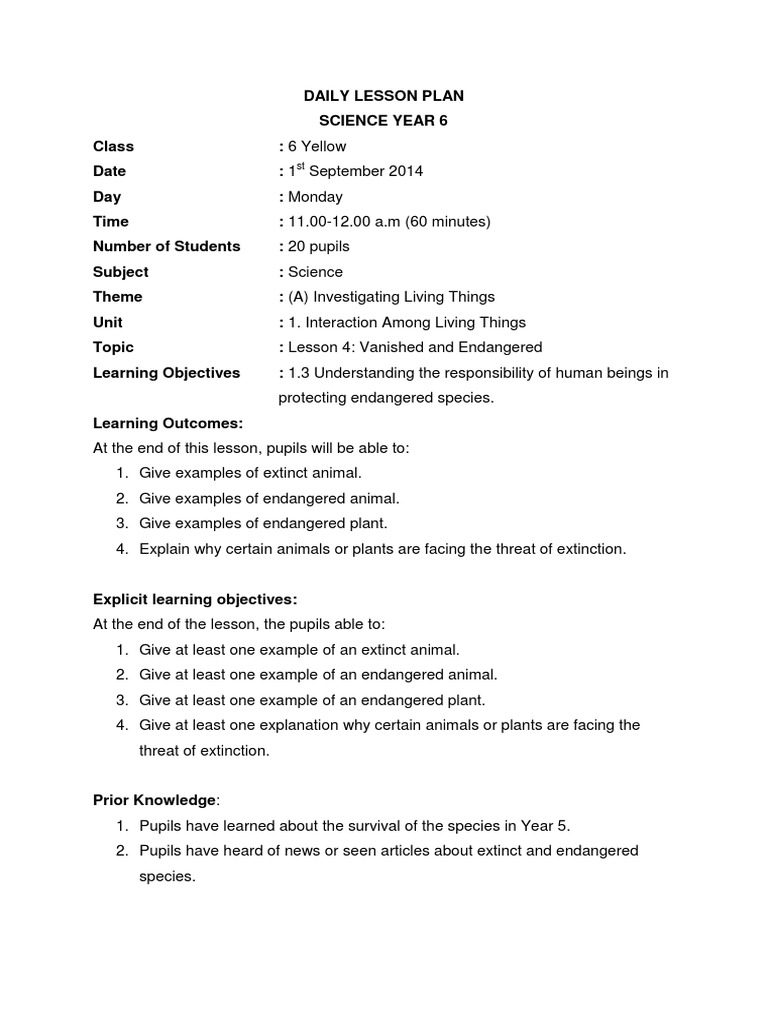 Daily Lesson Plan - Science Year 6 (SDP) | PDF | Lesson Plan | Science