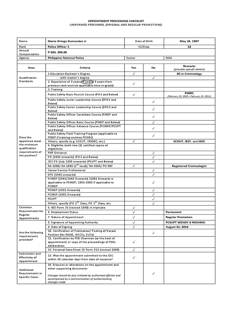 PNP Appointment Processing Checklist | PDF | Academic Degree | Justice