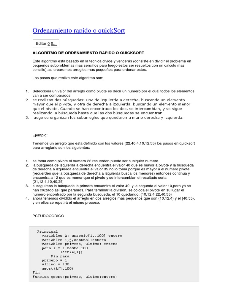 Ordenamiento Rapido o QuickSort | PDF | Enseñanza de matemática ...