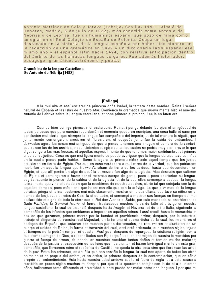 Antonio Nebrija - Gramatica de La Lengua Castellana (1492) | PDF ...