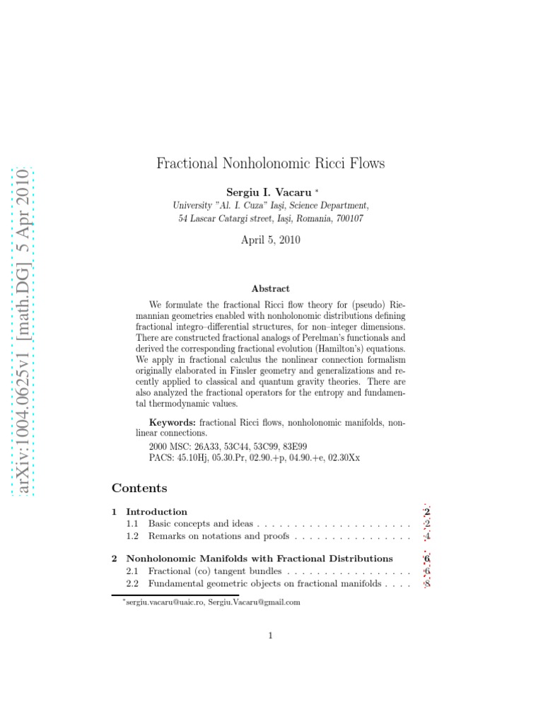 Fractional Nonholonomic Ricci Flows: Sergiu I. Vacaru | PDF | Manifold ...