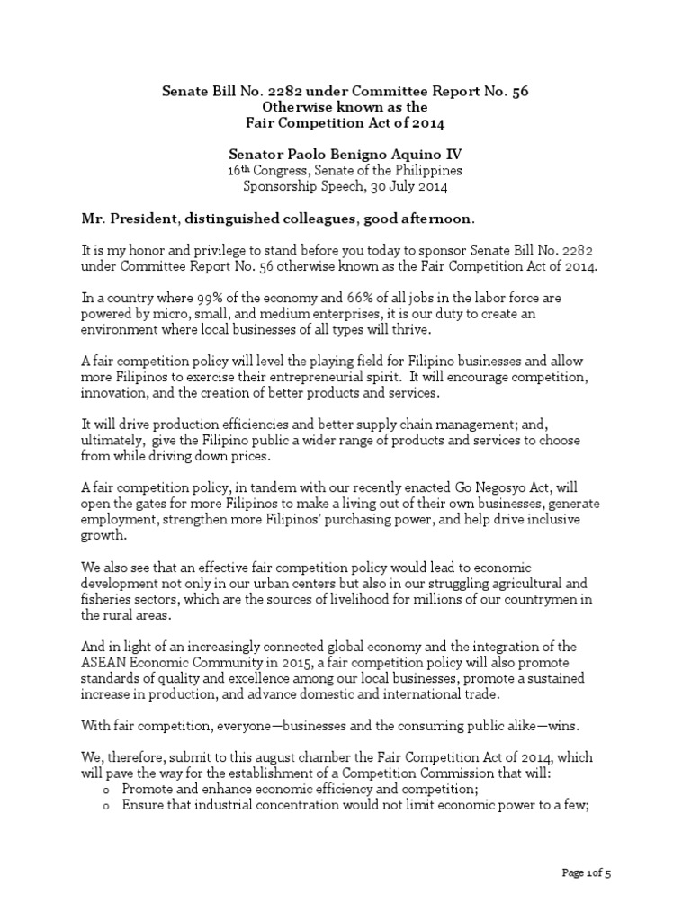 Sen. Bam Aquino's Sponsorship Speech On Fair Competition | PDF ...