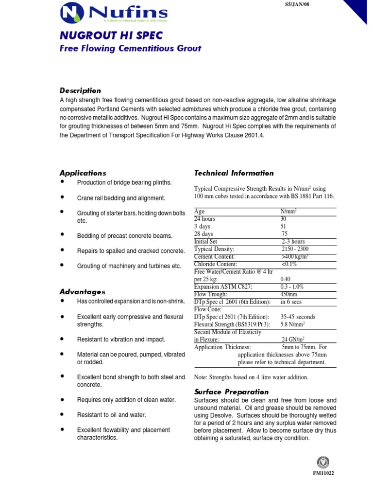 High Strength Free Flowing Cementitious Grout for Applications ...