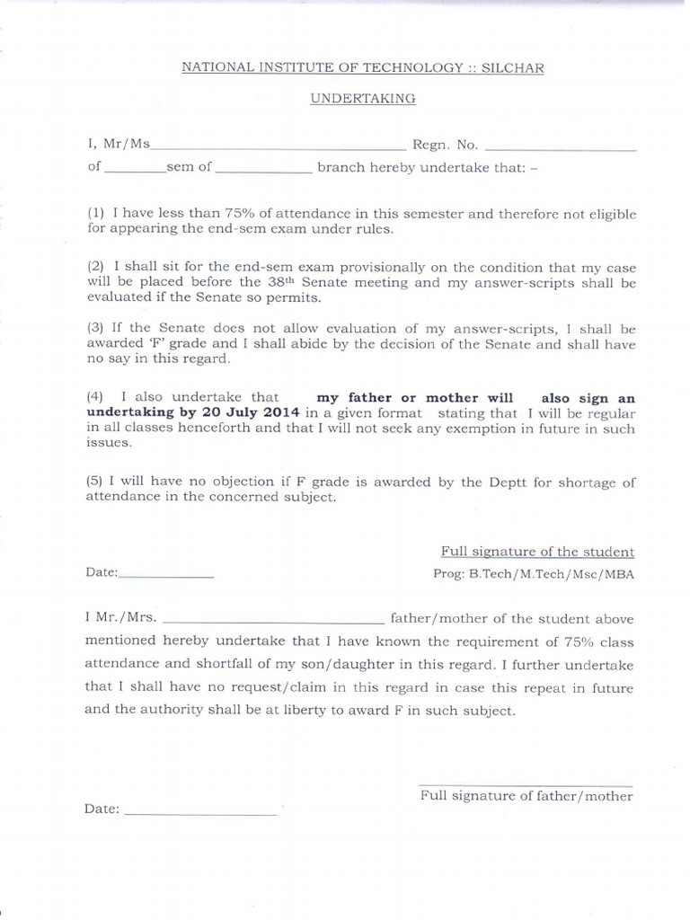 Undertaking Form For Less Attendance Students | PDF