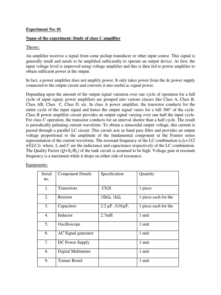 Lab 1 Class C Amplifier PDF | PDF | Amplifier | Electrical Circuits
