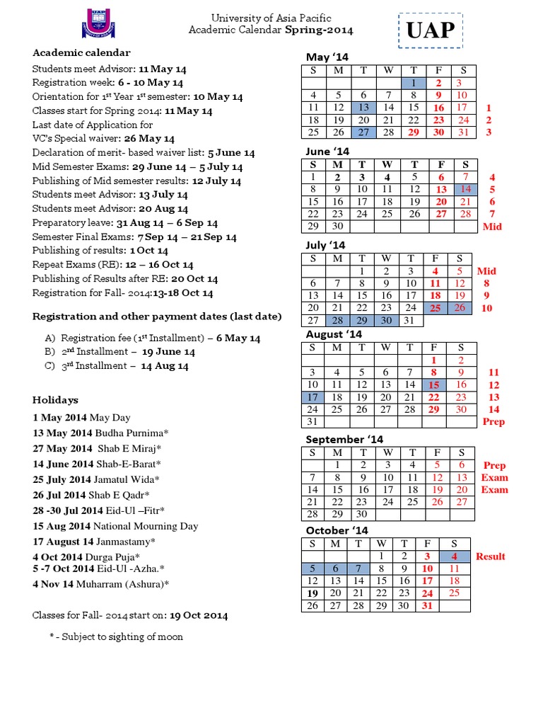 UAP Spring 2014 Academic Calendar | PDF