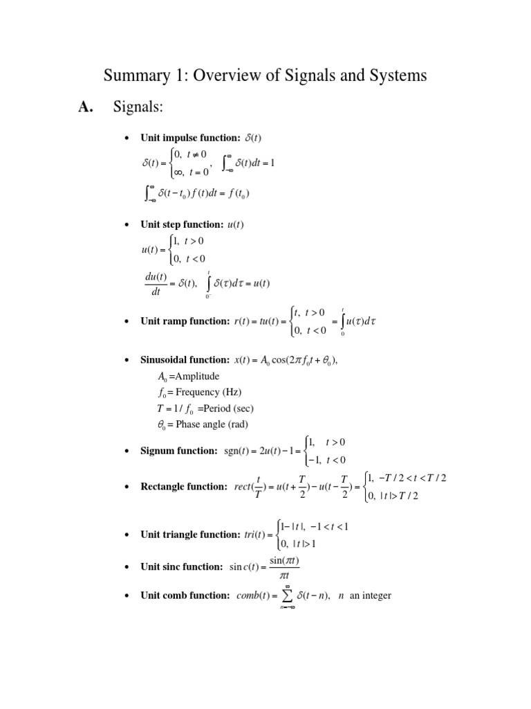 Signals and Systems Formulas | Systems Theory | Physics & Mathematics