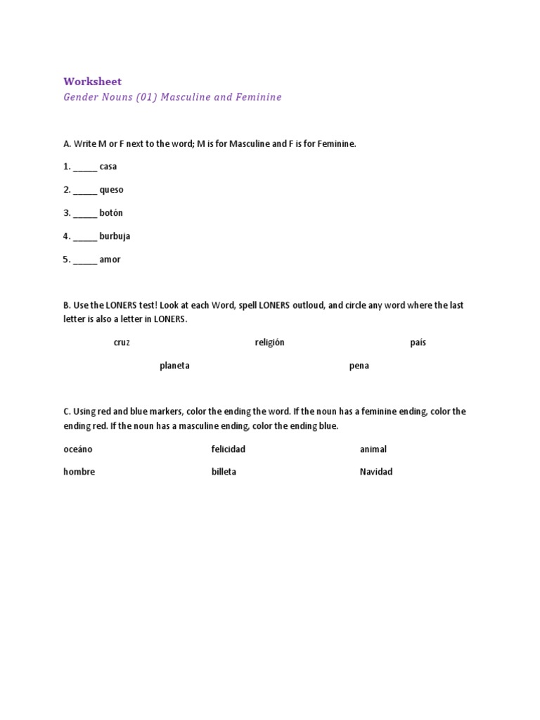 Spanish Gender Nouns Worksheet | PDF | Grammatical Gender | Syntax
