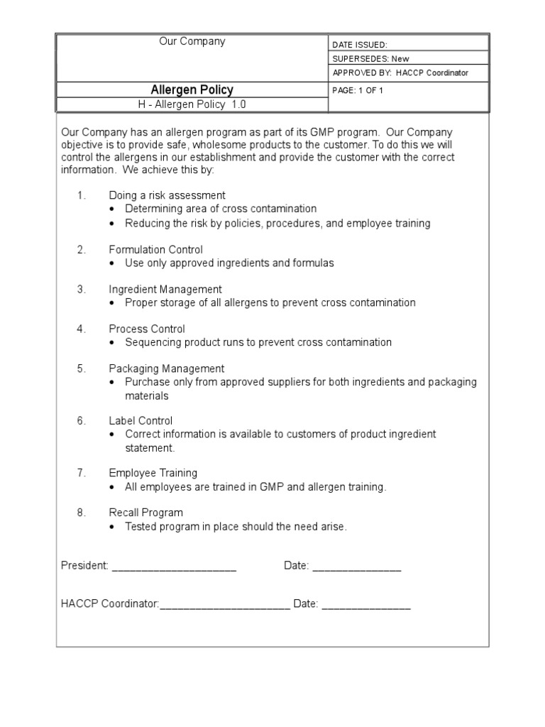 Allergen Policy Example | PDF