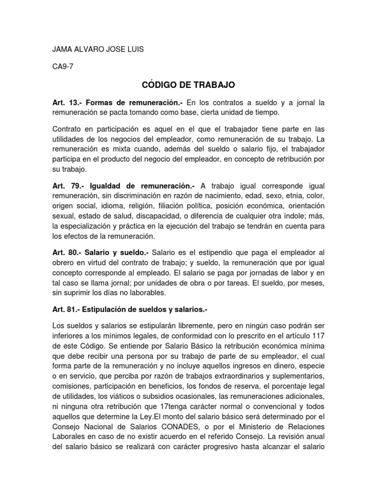 Trabajo Codigo de Trabajo | PDF | Salario | Derecho laboral