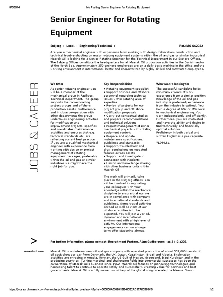 Seeking a Senior Rotating Equipment Engineer to Support Offshore Oil ...