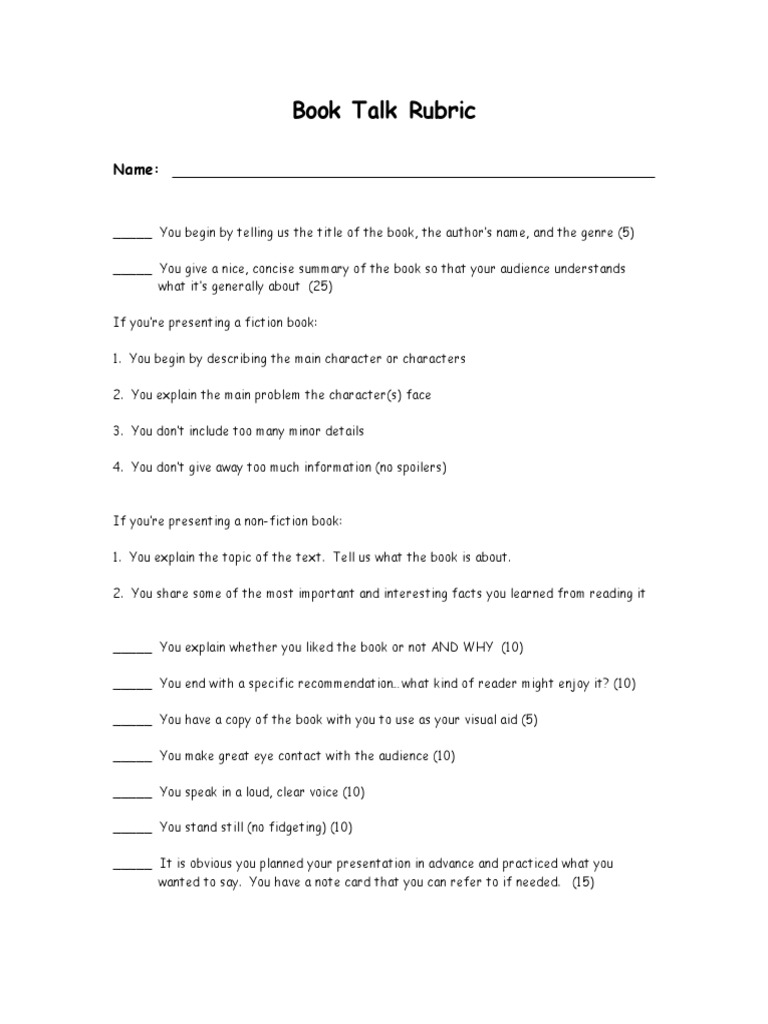 Book Talk Rubric | PDF | General Fiction