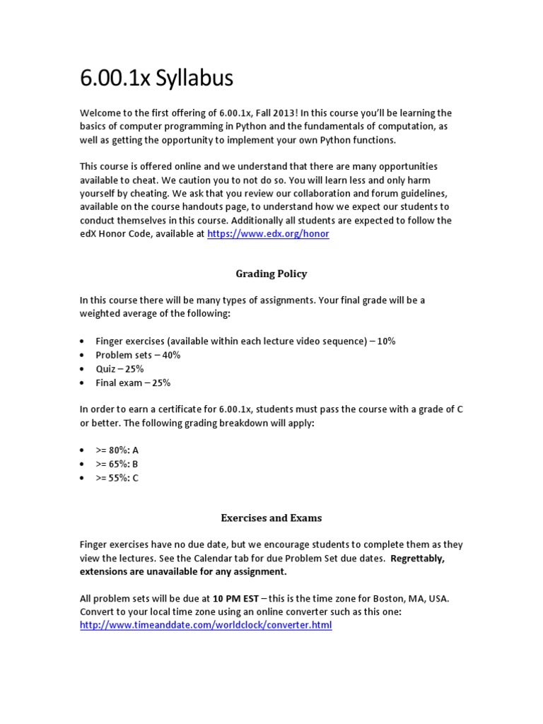6001x Handouts 6.00x Syllabus | PDF | Computer Programming | Areas Of ...
