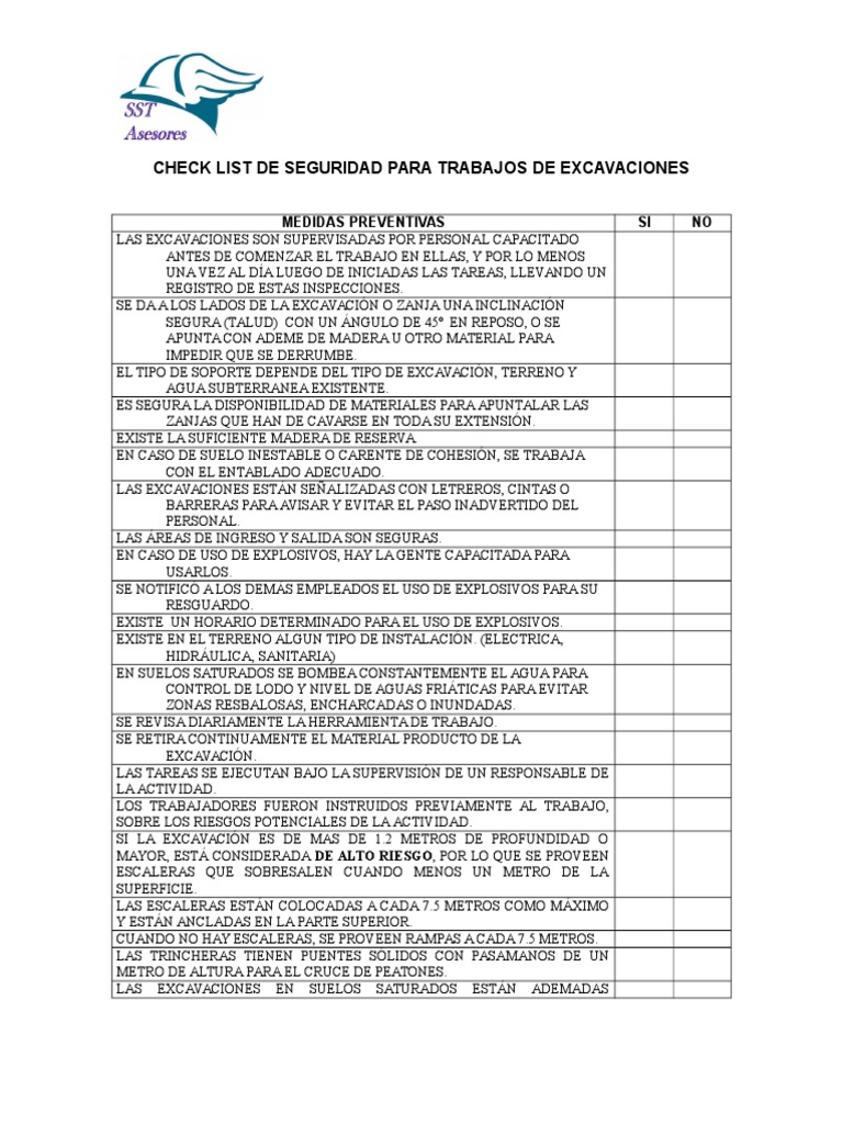 Check List de Seguridad en Excavaciones | PDF