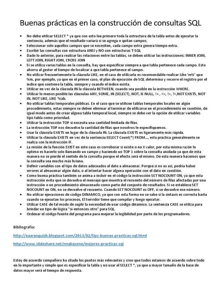 Mejores Prácticas para Consultas SQL | PDF | SQL | Gestión de ...