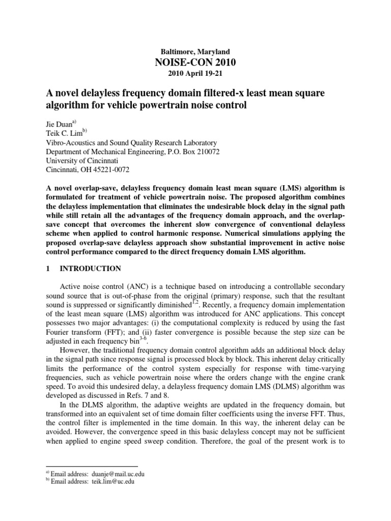A Novel Delayless Frequency Domain Filtered X Least Mean Square Algorithm For Vehicle Powertrain