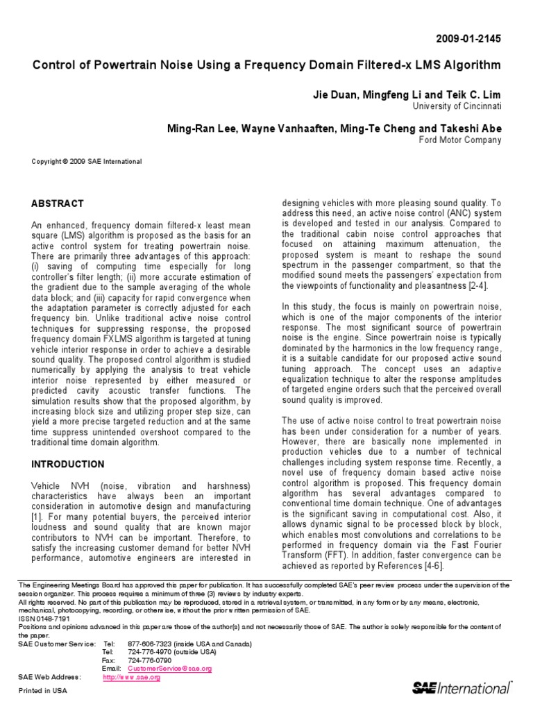 Active Control Of Powertrain Noise Using A Frequency Domain Filtered X Lms Algorithm Pdf 