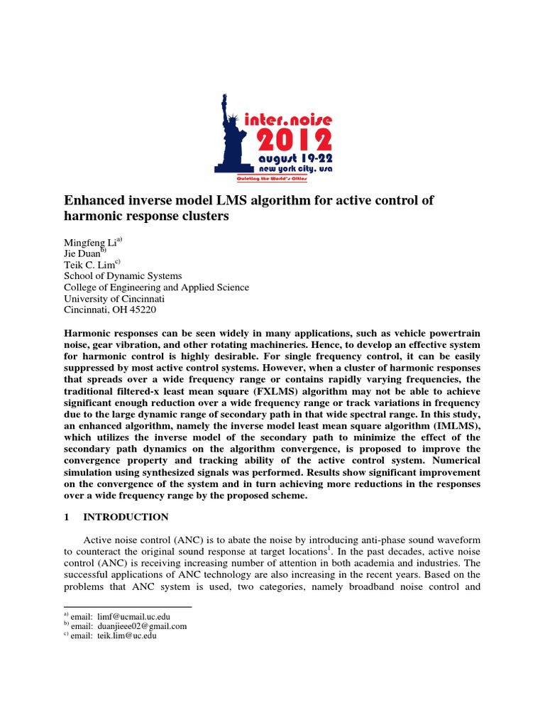 Enhanced Inverse Model LMS Algorithm For Active Control of Harmonic Response Clusters | PDF ...