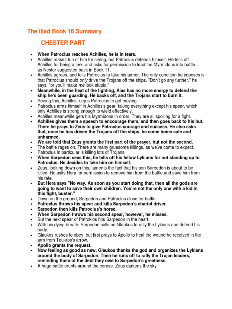 Summary of The Iliad Book 16 | PDF | Hector | Achilles